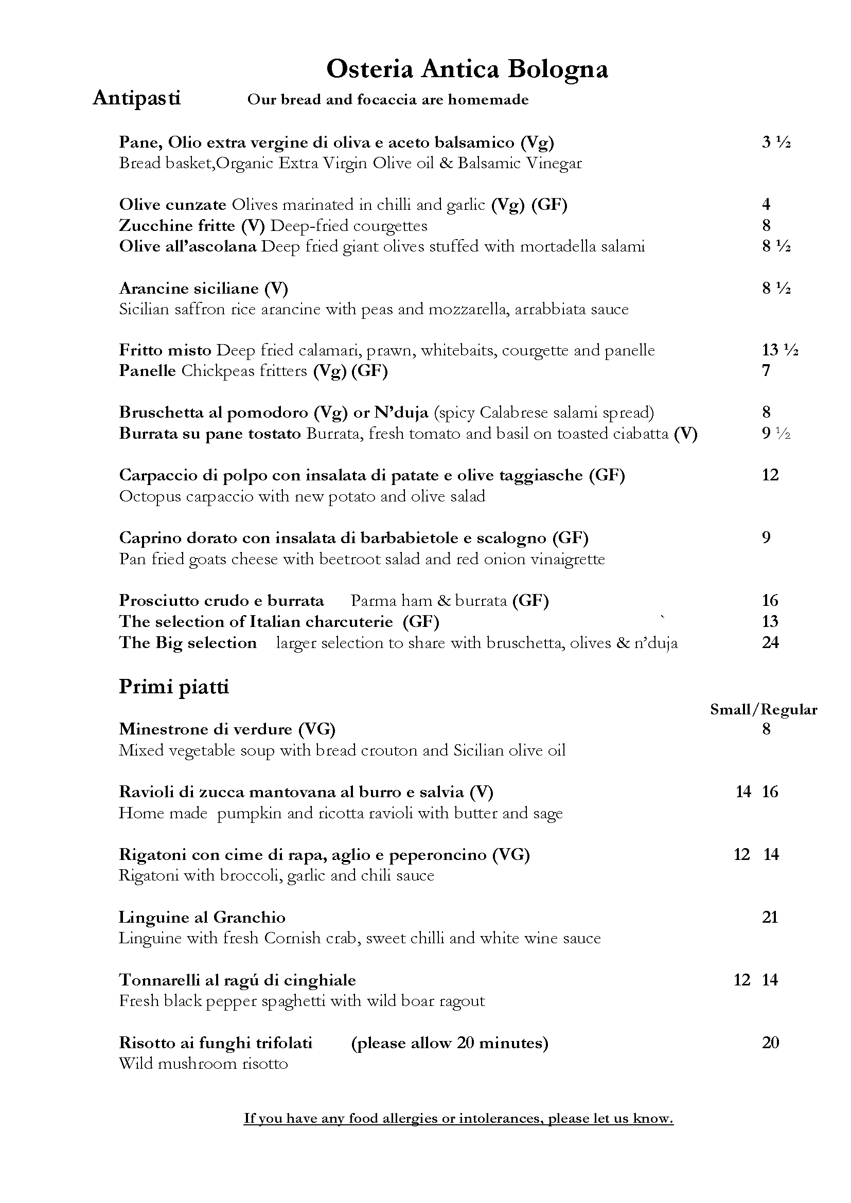 All Day Menu - Osteria Antica Bologna